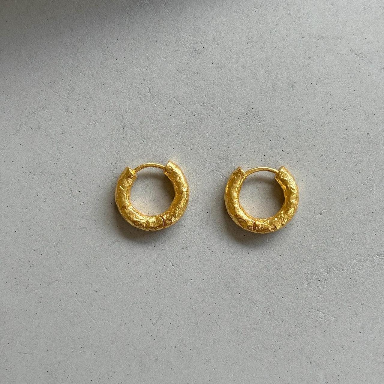 Matt gold hand hammered textured Huggies hoop... | Depop