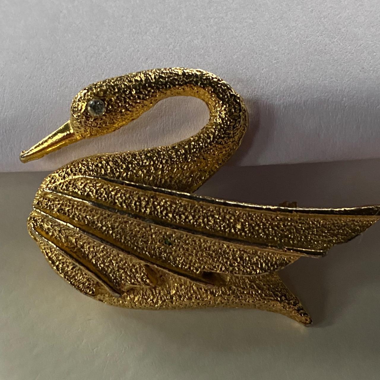 Vintage DFA Gold-Tone Swan Brooch With Rhinestone... - Depop