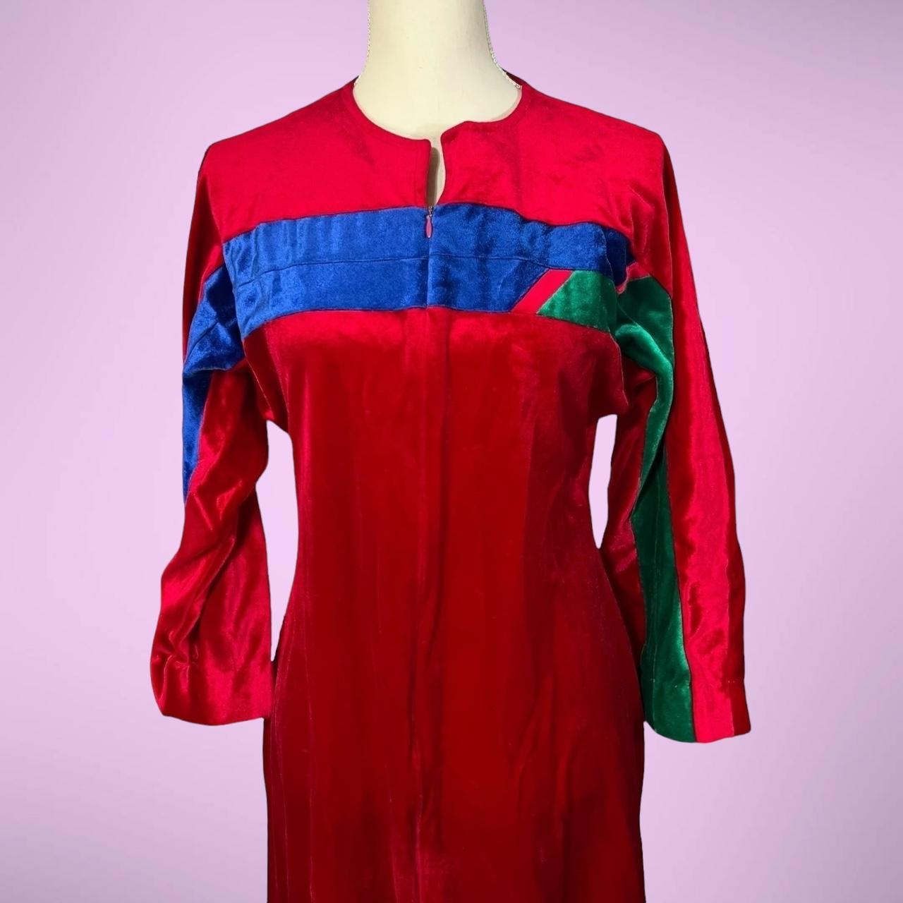 70s Vanity Fair Red Colorblock Velour Velvet Robe... - Depop