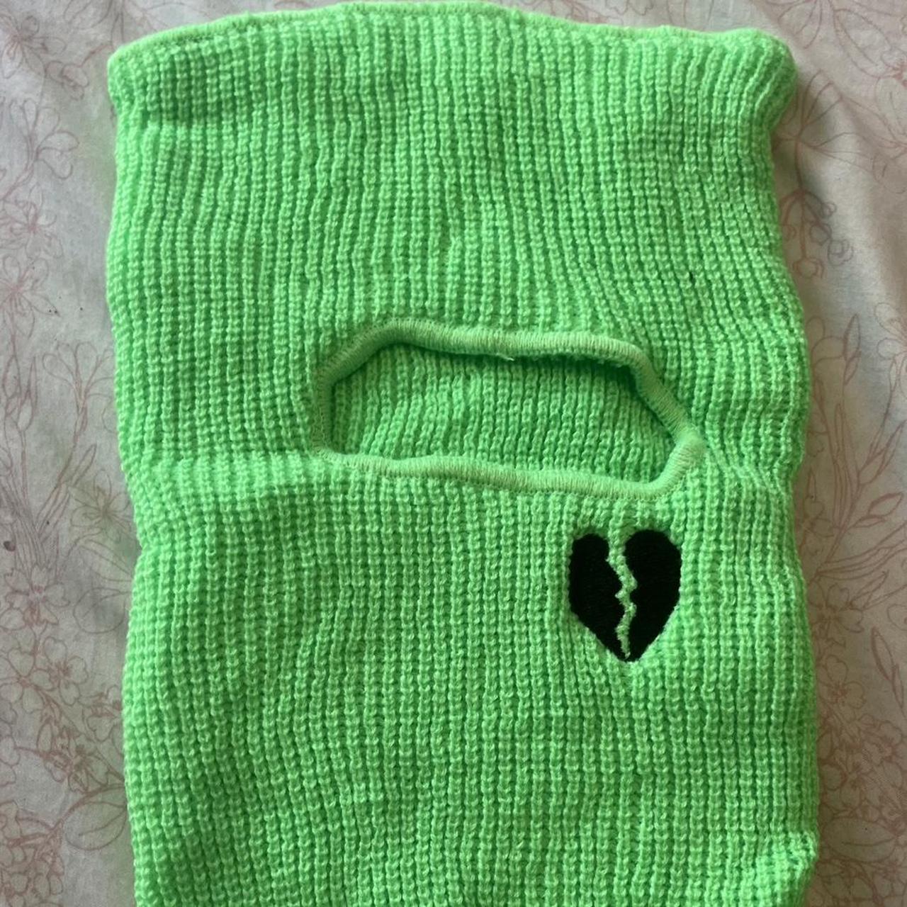 Green ski mask with embroidered black broken heart... - Depop