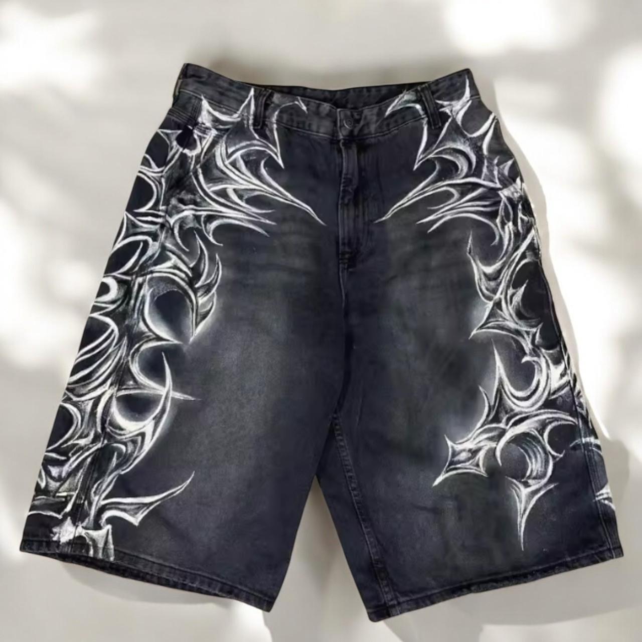 Retro Goth Graffiti black denim baggy jorts #goth... | Depop