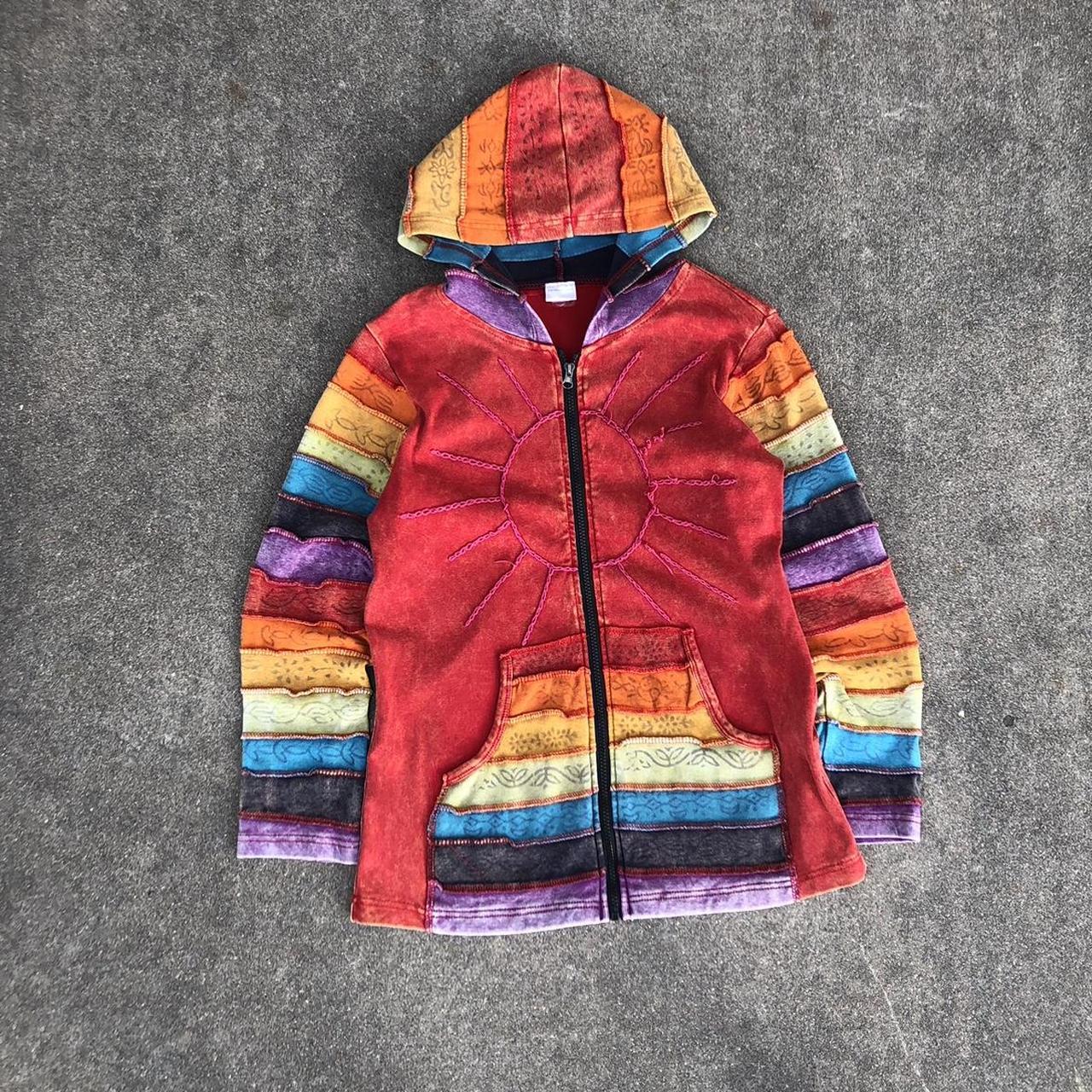 🌈 Multicolored Vibrant Rave Hoodie Boho Colorful Zip... - Depop