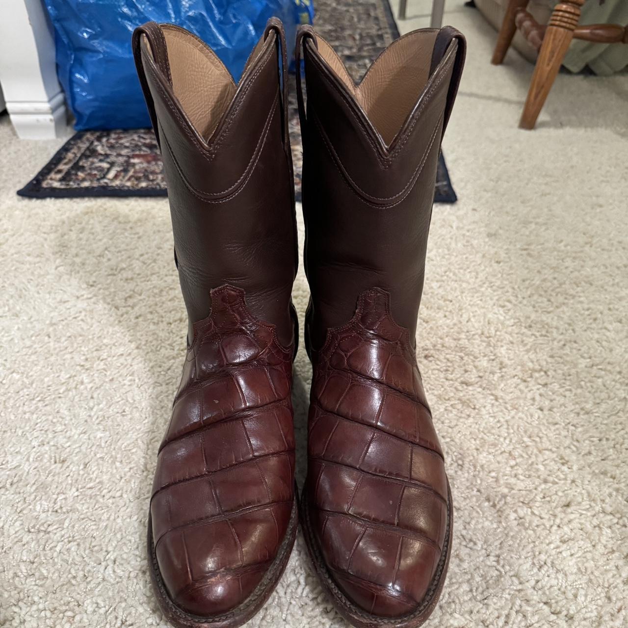 Tecovas men’s alligator belly brown leather cowboy... - Depop