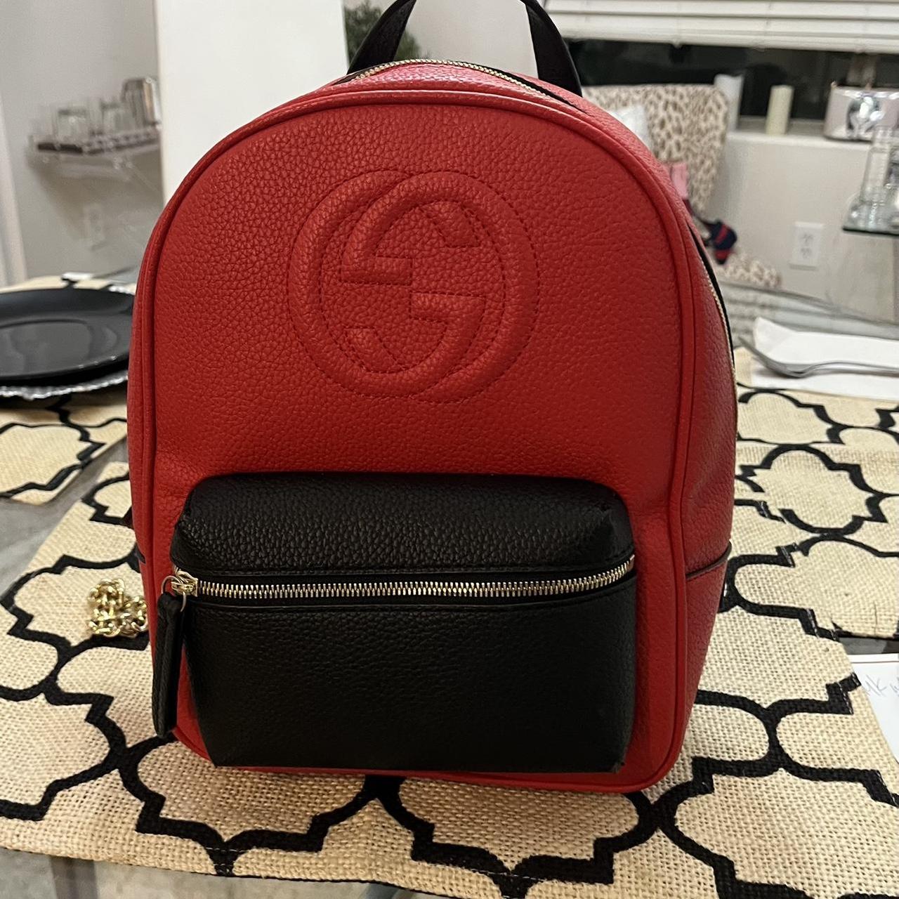Cute red and black back pack w gold chain - Depop