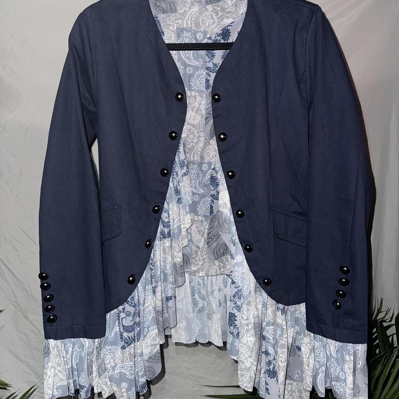 lizzie ruffle button jacket medium/large navy blue... | Depop