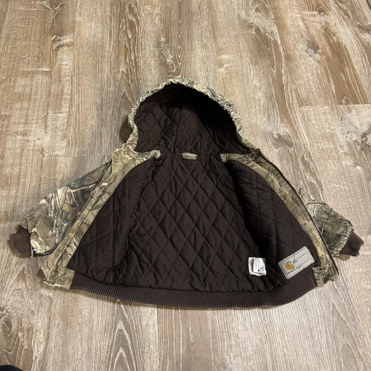 Forest green Carhartt camo baby jacket. It is worn... | Depop