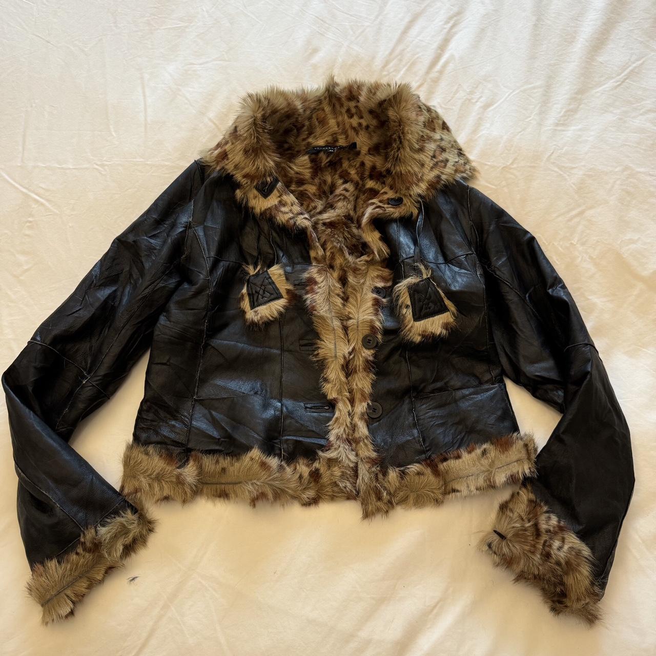 Vintage real lether jacket with leopard print rabbit... | Depop