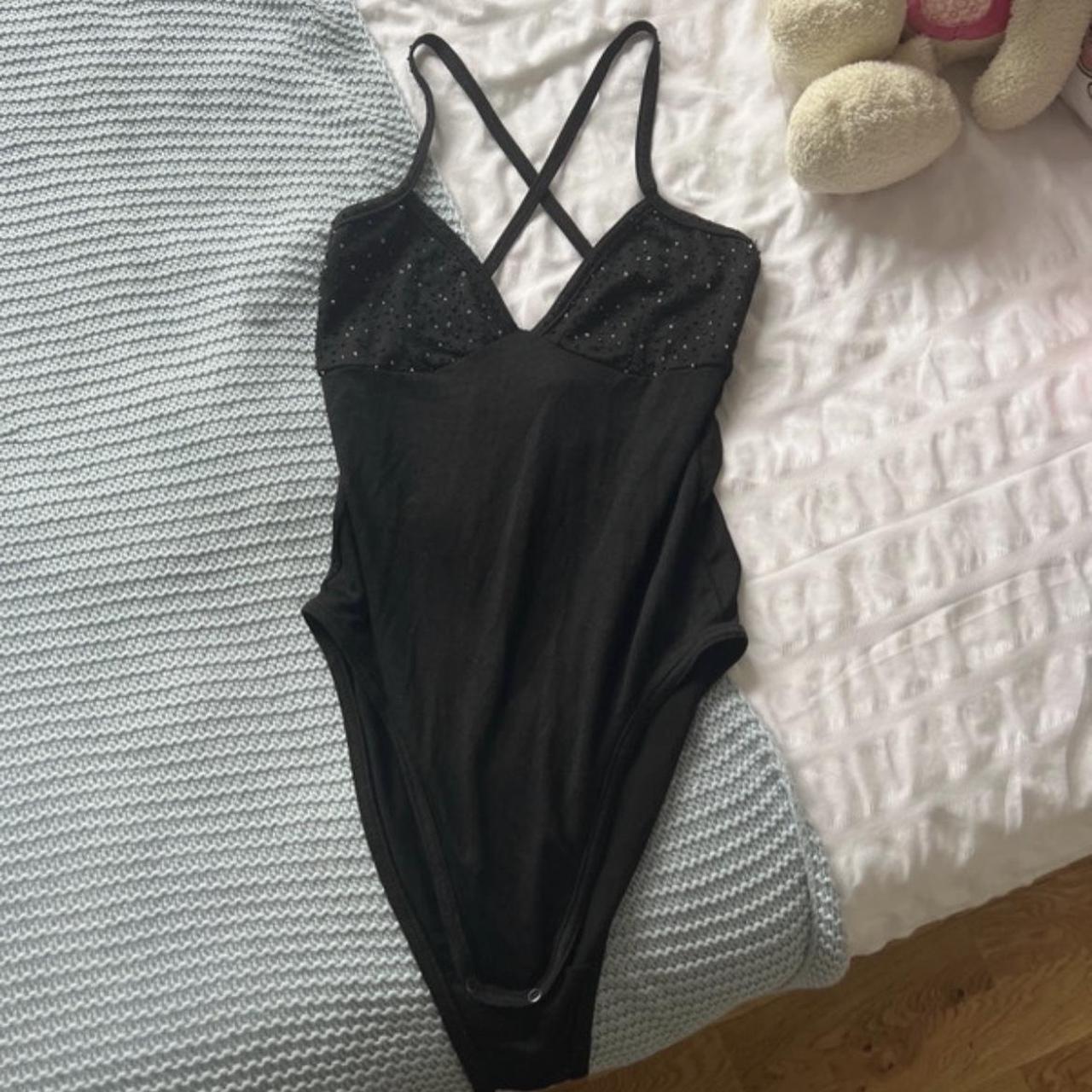 Y2K Black Sequinned Bodysuit labelled as size 8... - Depop