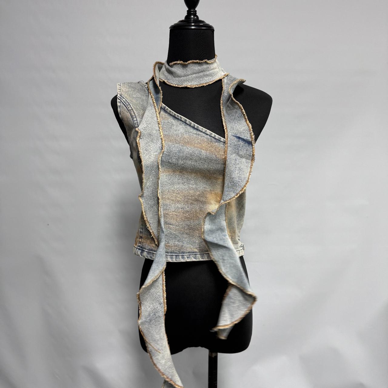 washed denim designer vest with ribbons... - Depop