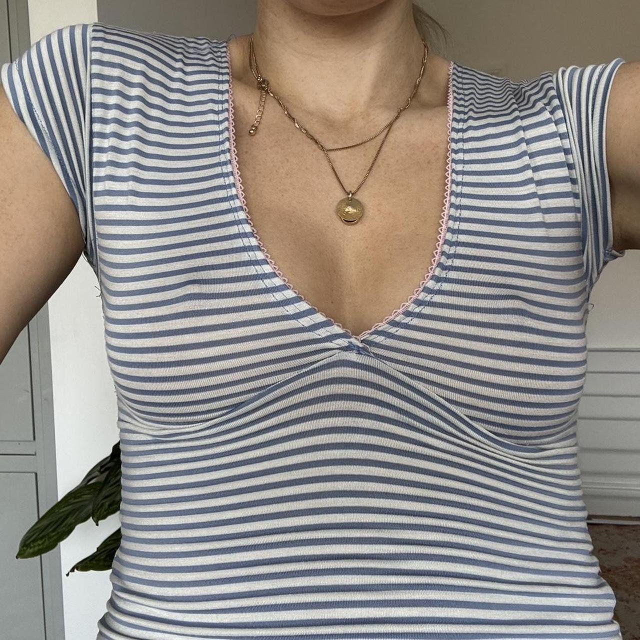 Blue and white stripe cross over top With pink trim... | Depop