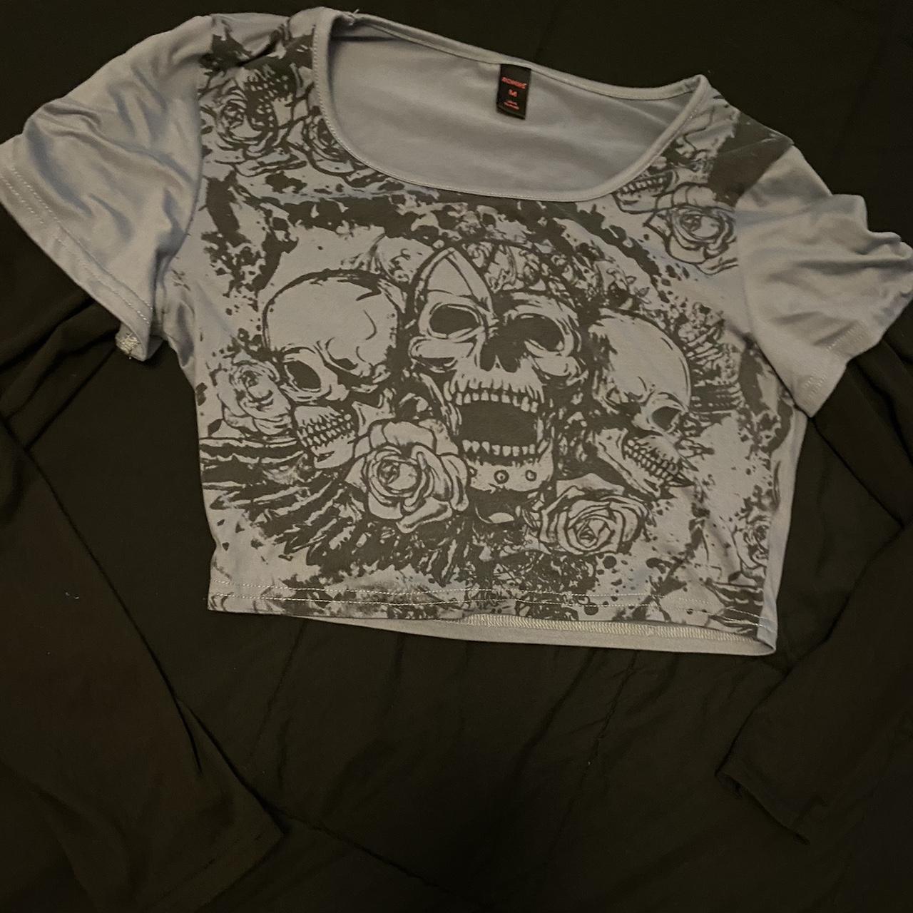 Grunge Grey Long Sleeved Skull Crop Top - Depop