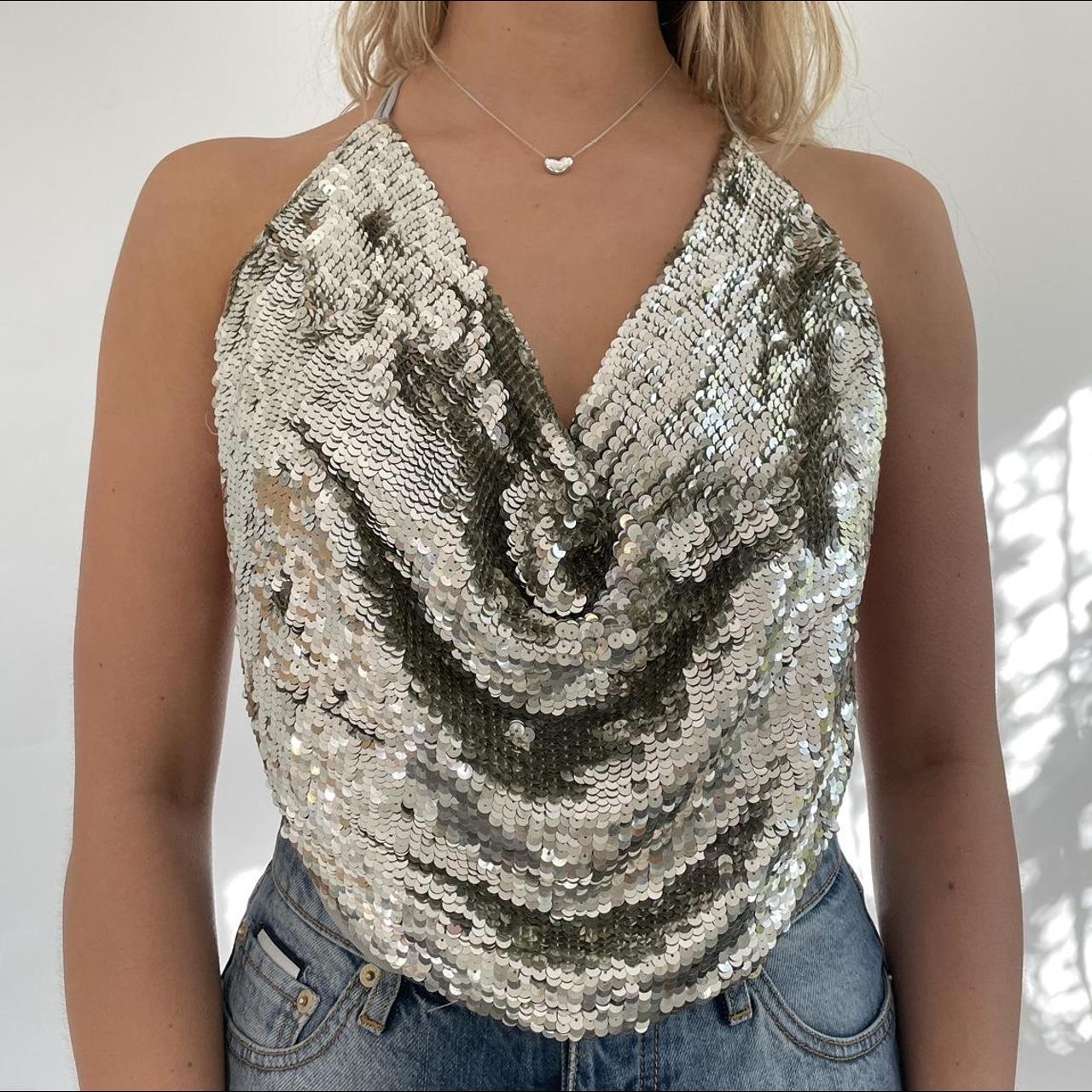 Silver sequin backless halter neck. Cowl neck and... - Depop