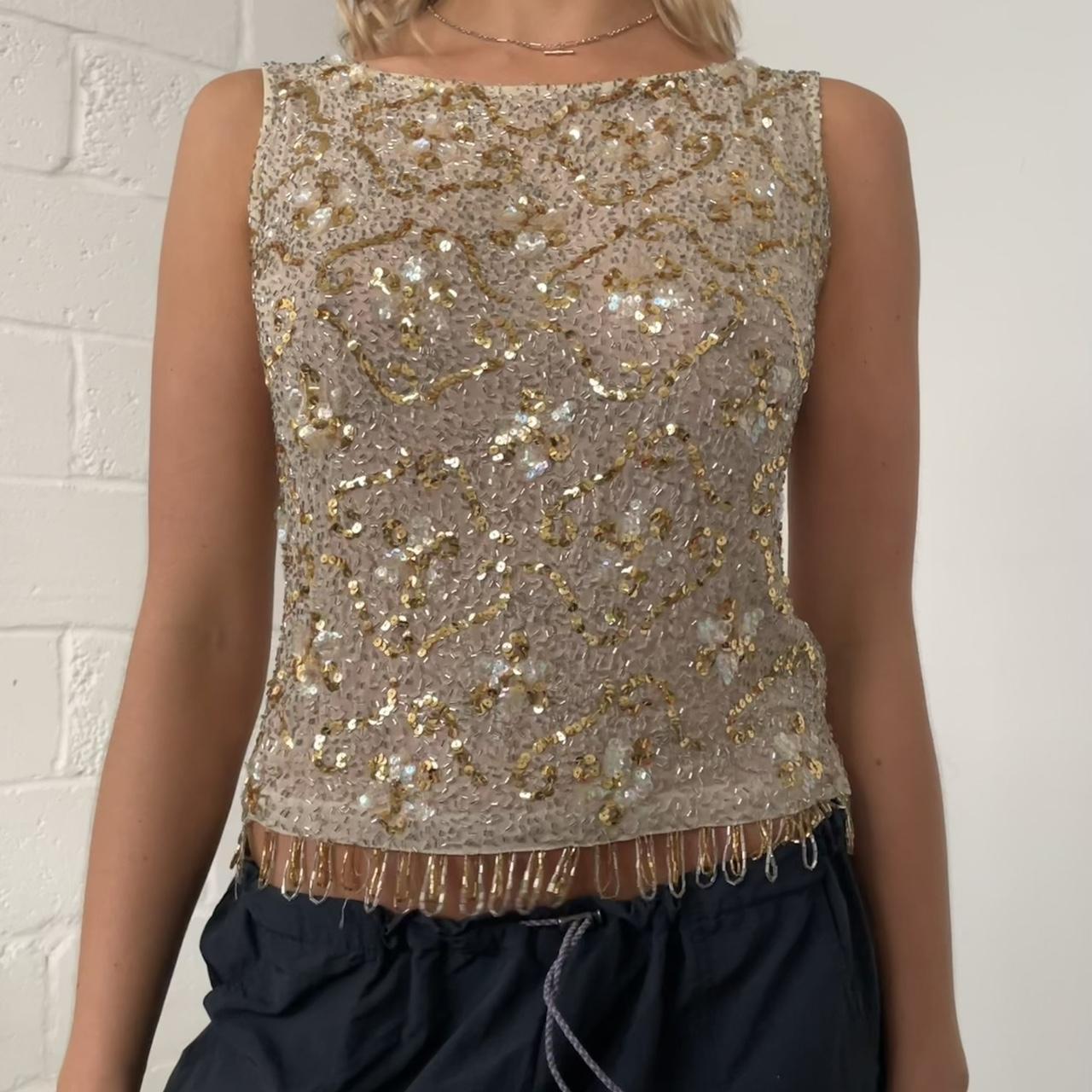 Gold sequin and beaded tank. Nude mesh high neck... - Depop