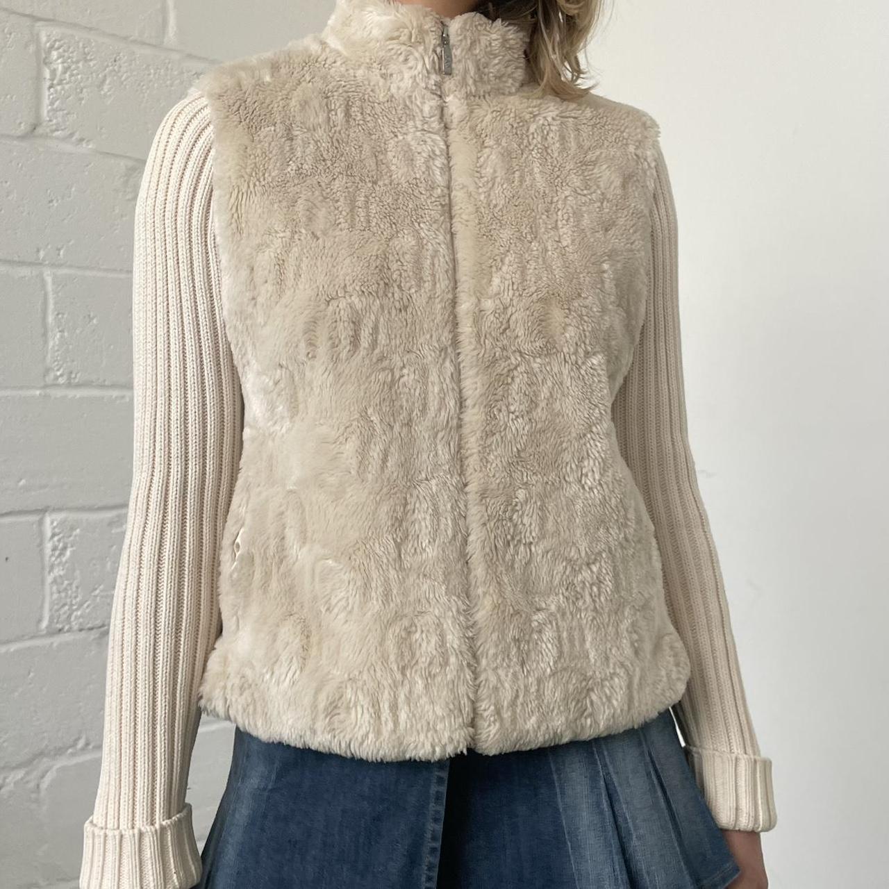 Faux fur jacket. Cream fur body and ribbed knitted... - Depop
