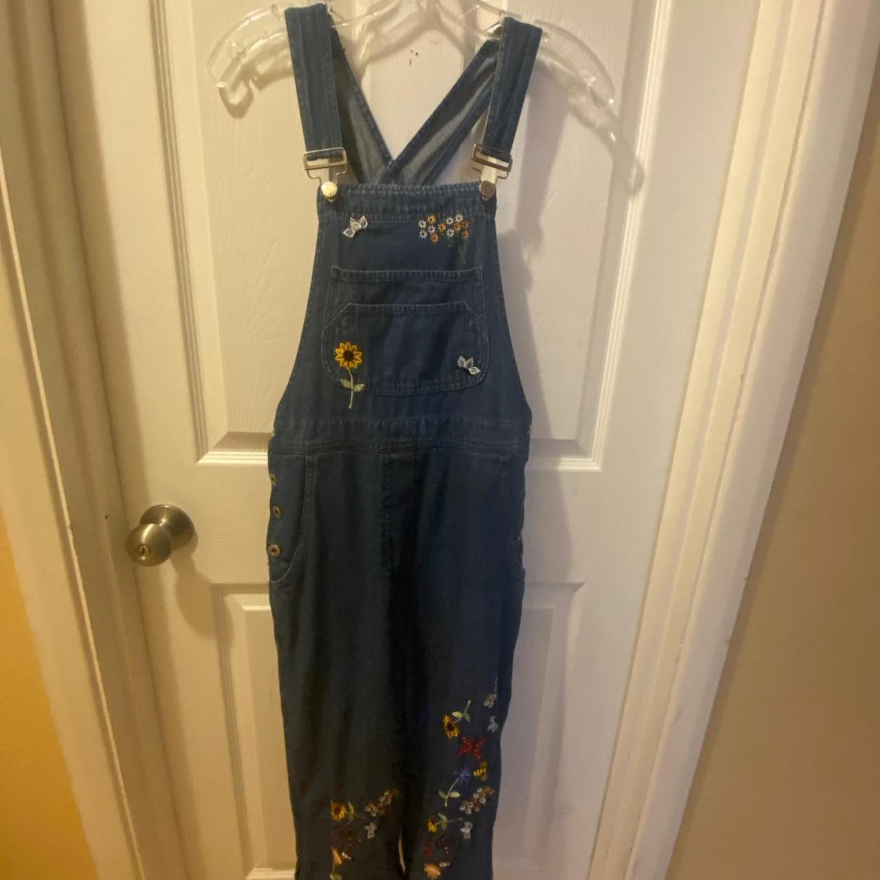 small denim overalls with embroidered flowers! - Depop