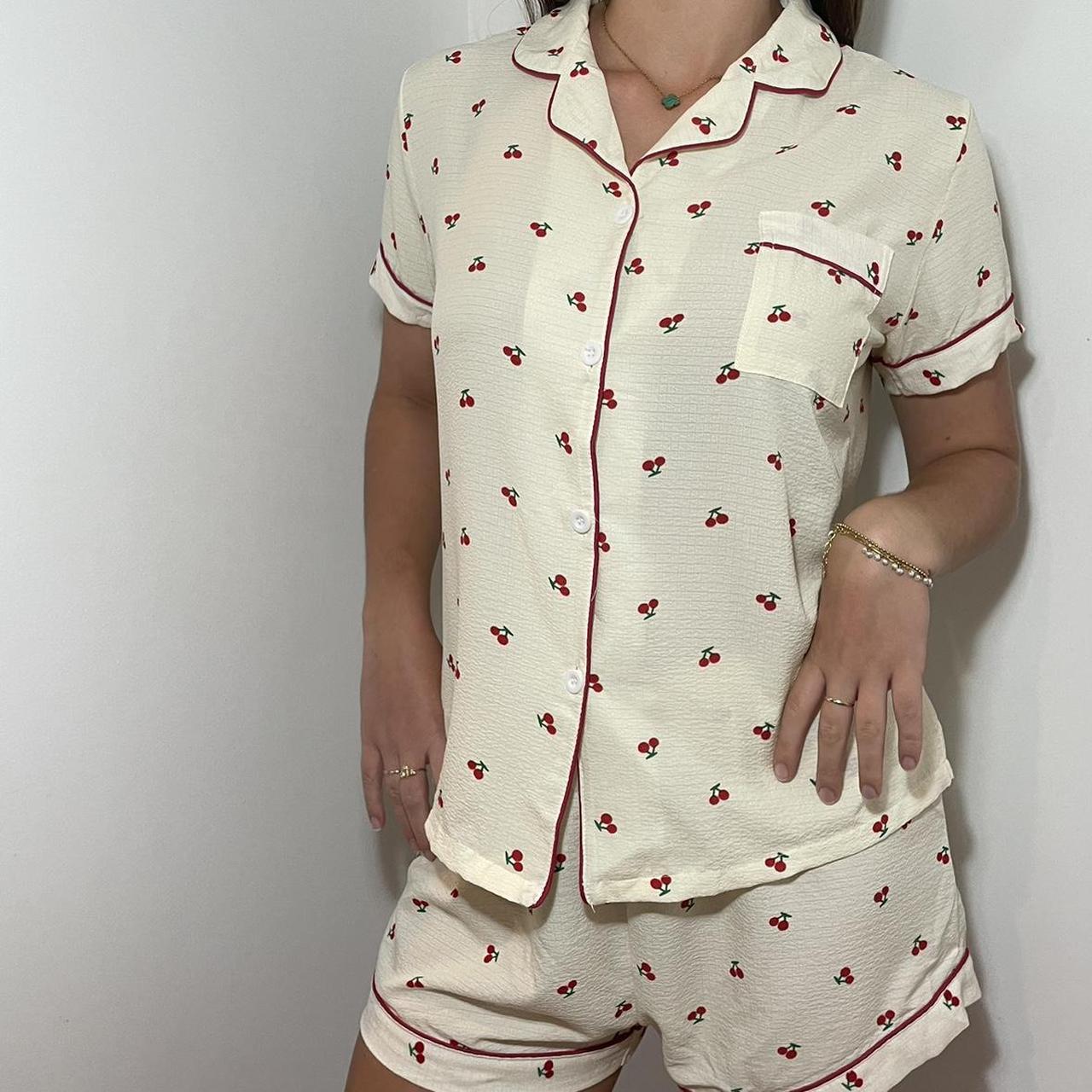 Cream pyjama set with red cherries, collard,... | Depop