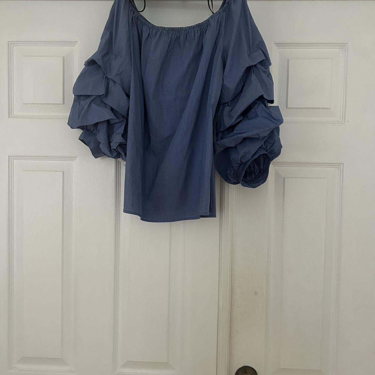Zara off the shoulder Blue Stripe Top with Ruffle... - Depop