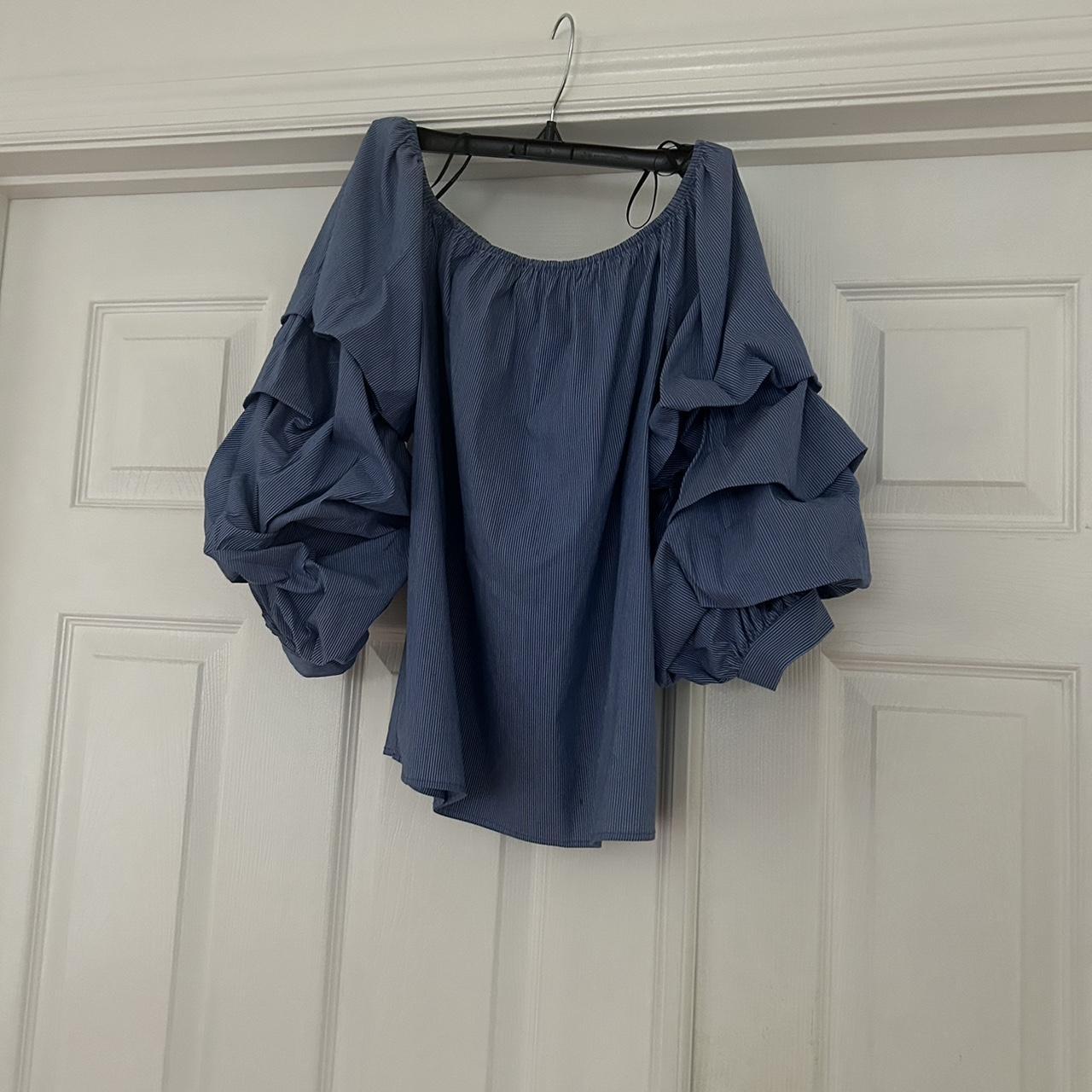 Zara off the shoulder Blue Stripe Top with Ruffle... - Depop