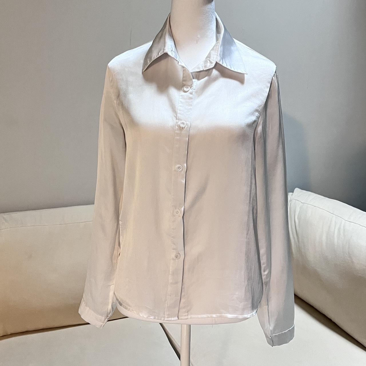White satin shirt with collar, long sleeves, and... - Depop