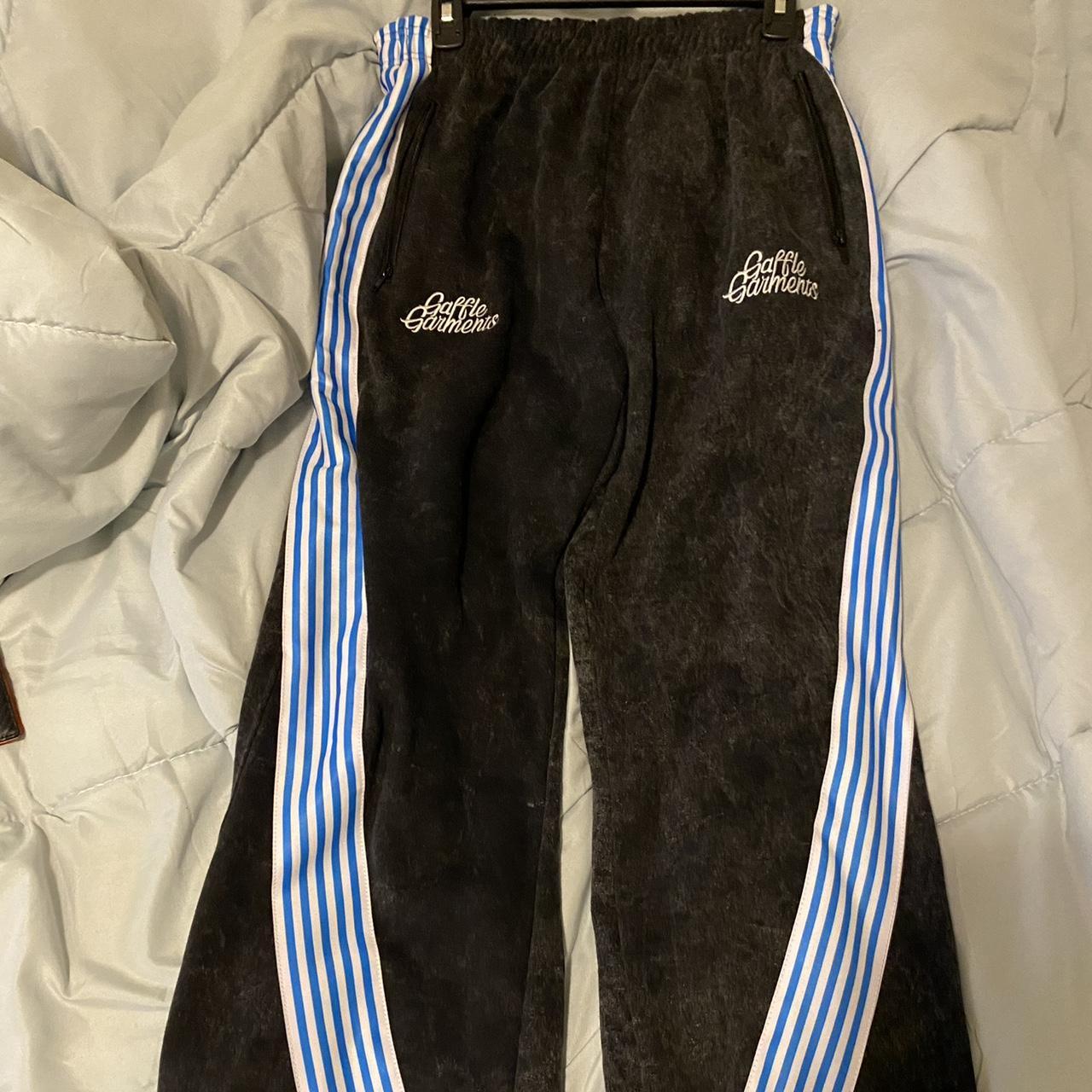 Black and blue striped pants with gaffle garments... - Depop