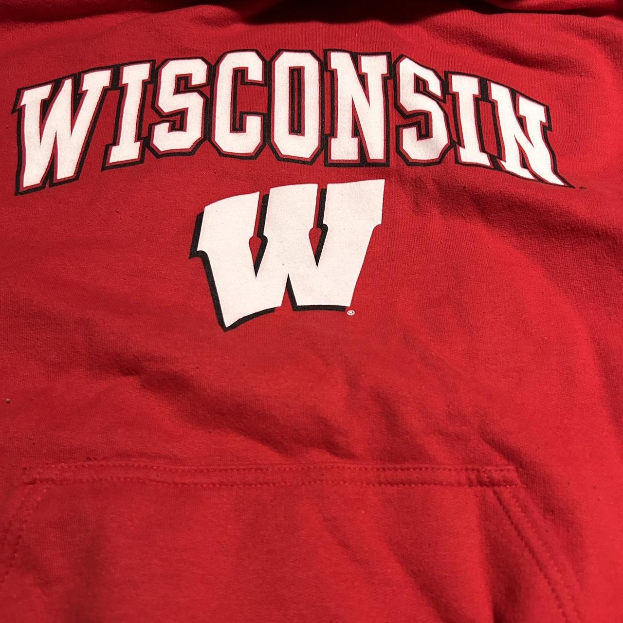 Wisconsin red and white spell out hoodie Size Large... - Depop