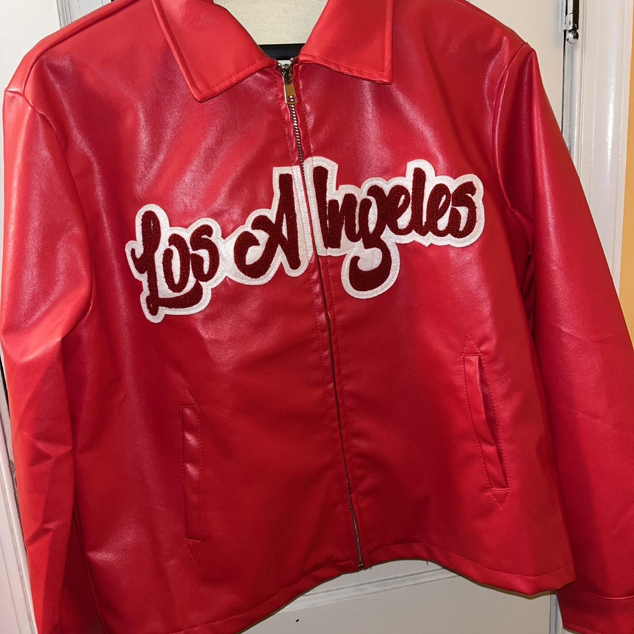 Red faux leather jacket , size s/m embroidery on... - Depop