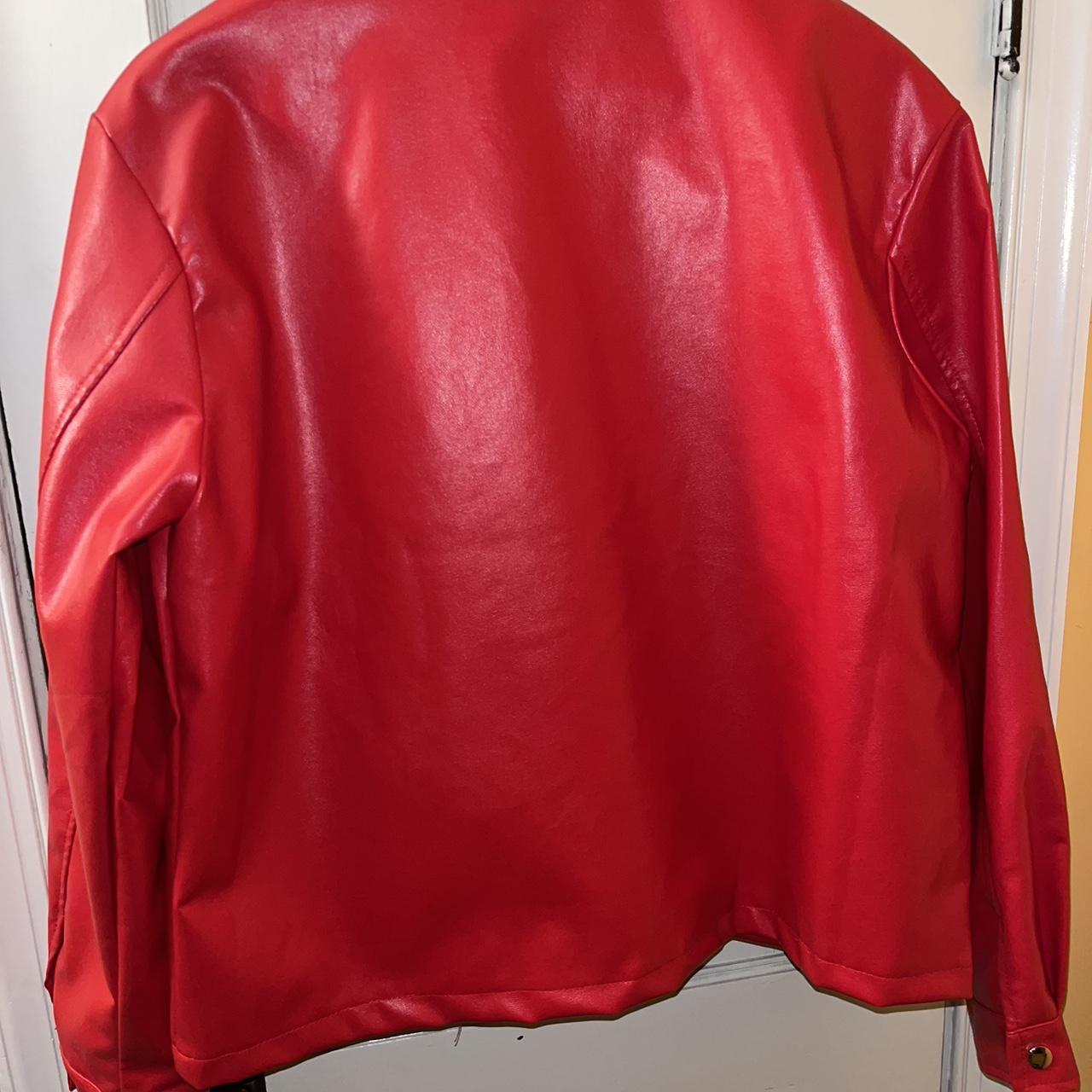 Red faux leather jacket , size s/m embroidery on... - Depop
