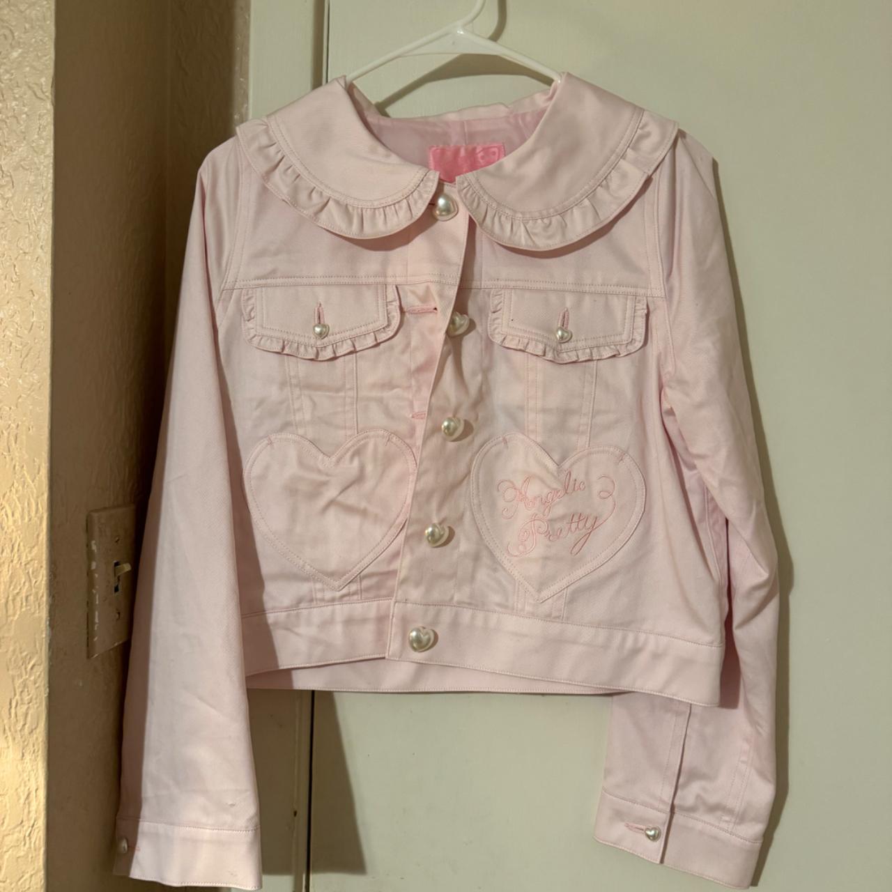 angelic pretty pink heart jacket worn once in like... - Depop