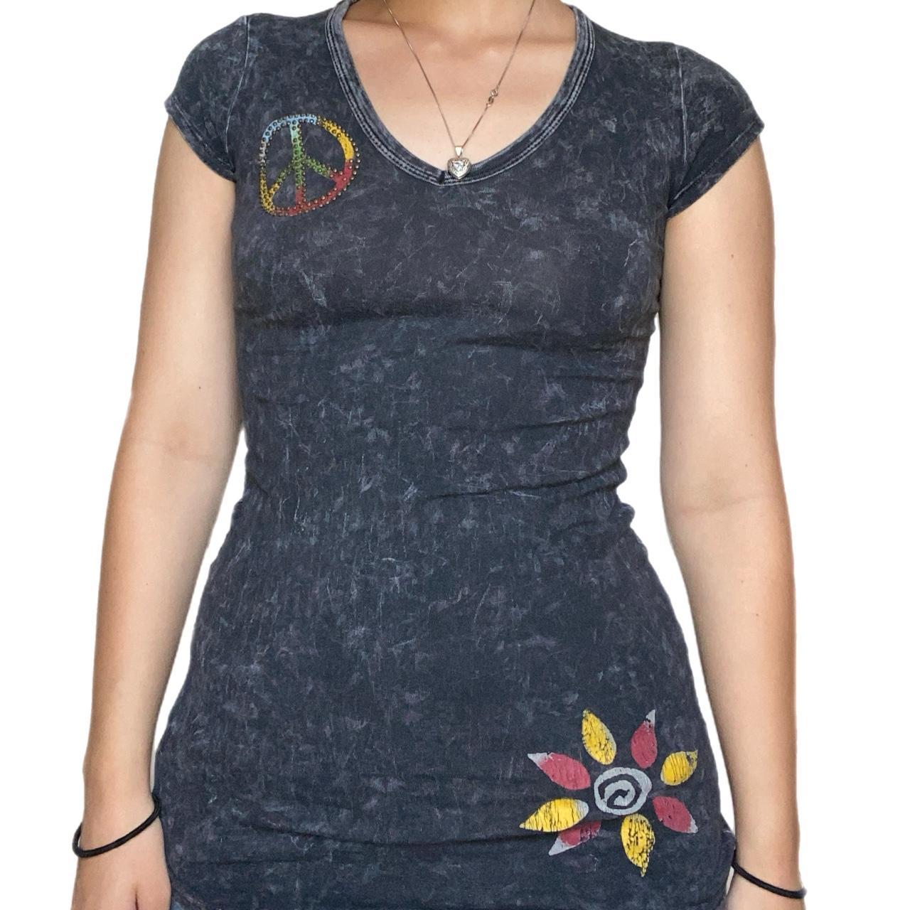 y2k peace sign boho bedazzled graphic tee super... - Depop