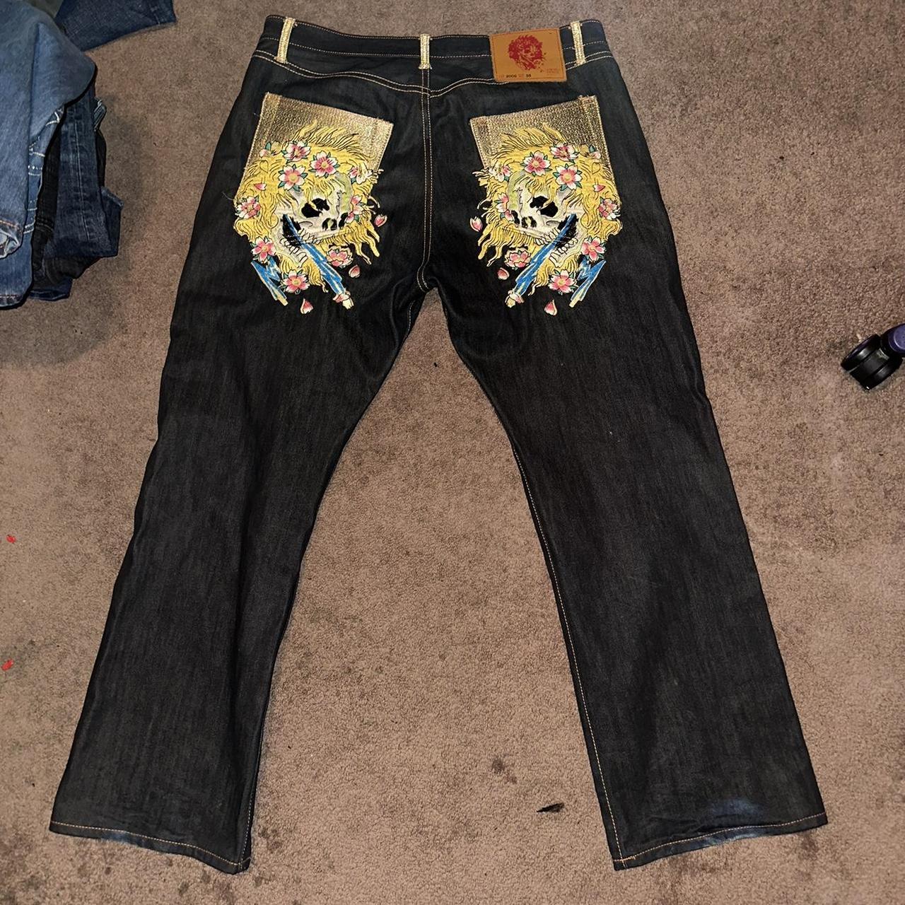 yellow ed hardy jeans embroiderd pockets price... - Depop