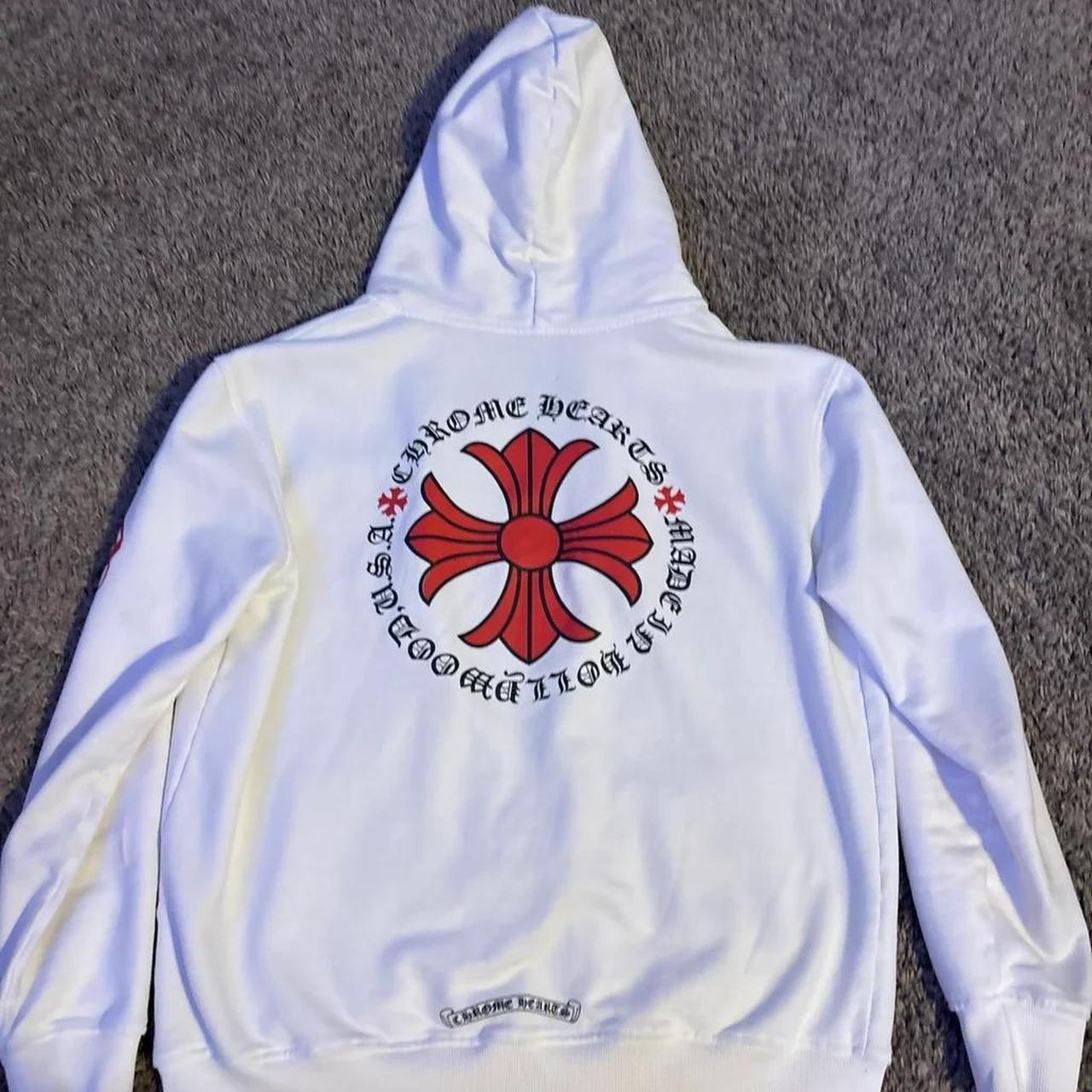 white & red chrome hearts hoodie (with bag) Large 2... - Depop