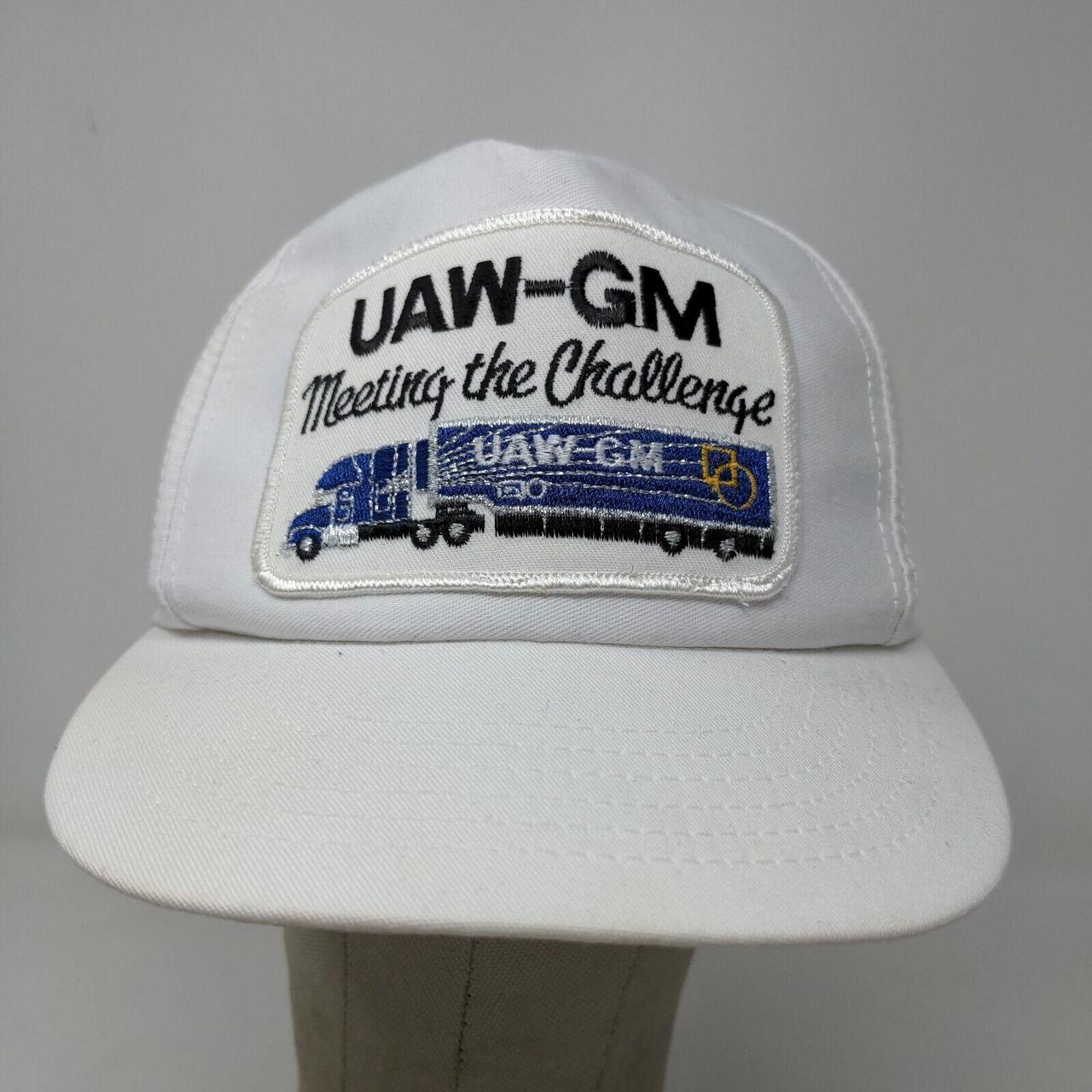 UAW-GM Men's Slideback Trucker Hat White Embroidered... | Depop