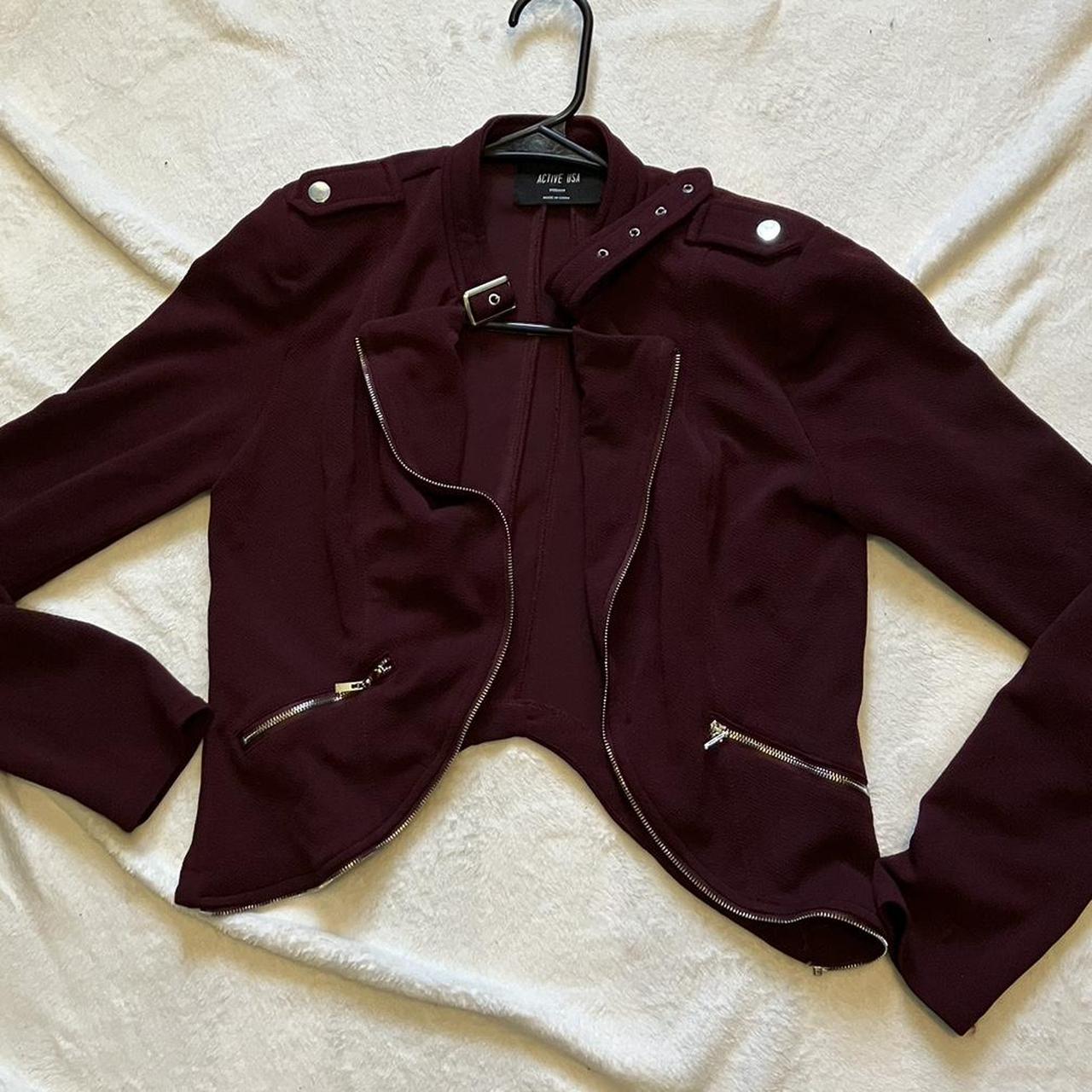 Burgundy moto jacket from Active Size medium Worn... - Depop