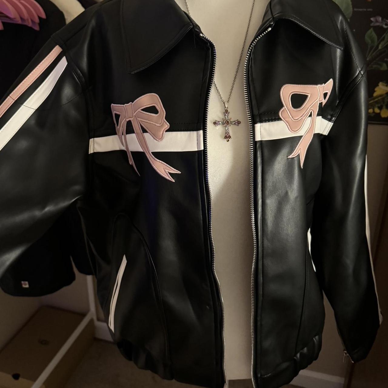 COQUETTE BOW LEATHER BOMBER JACKET size L like new... - Depop