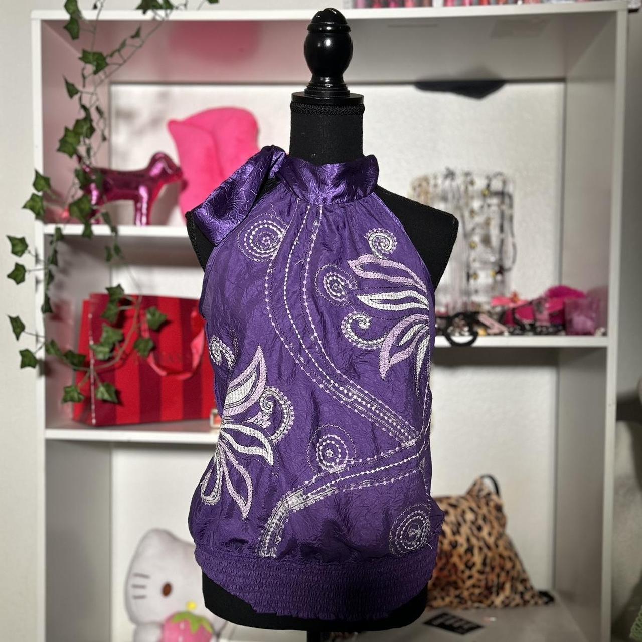 Purple and White Boho Vintage Vibe Floral Y2K Halter... | Depop