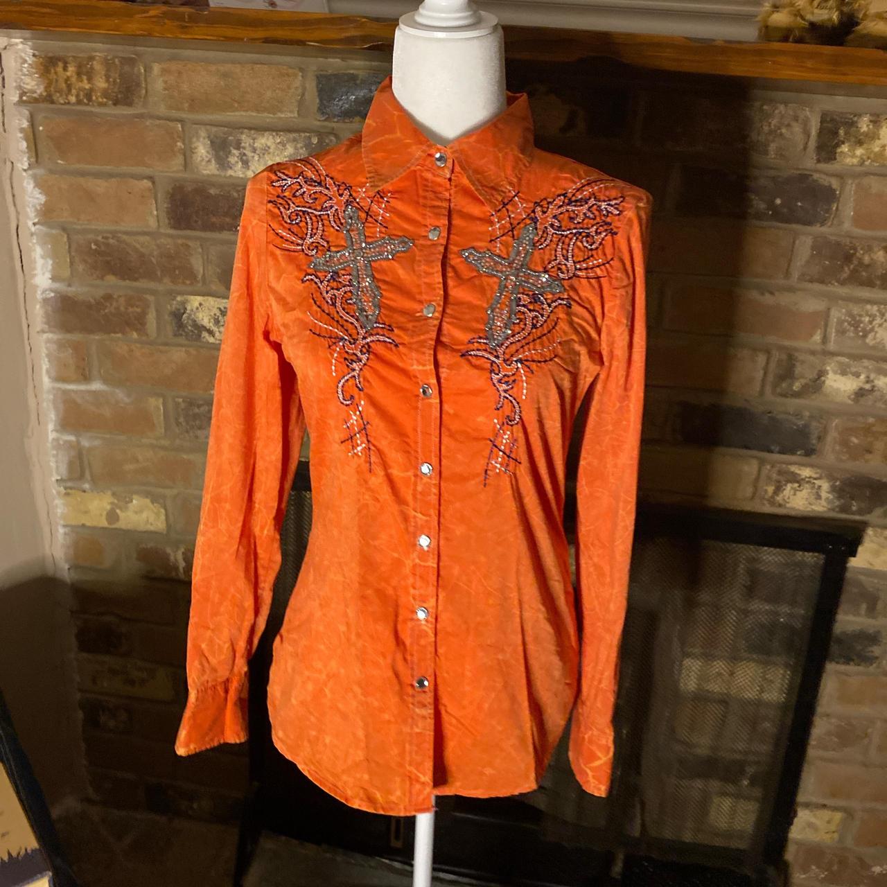 Orange long sleeve 2000s cross -women rhinestones... - Depop
