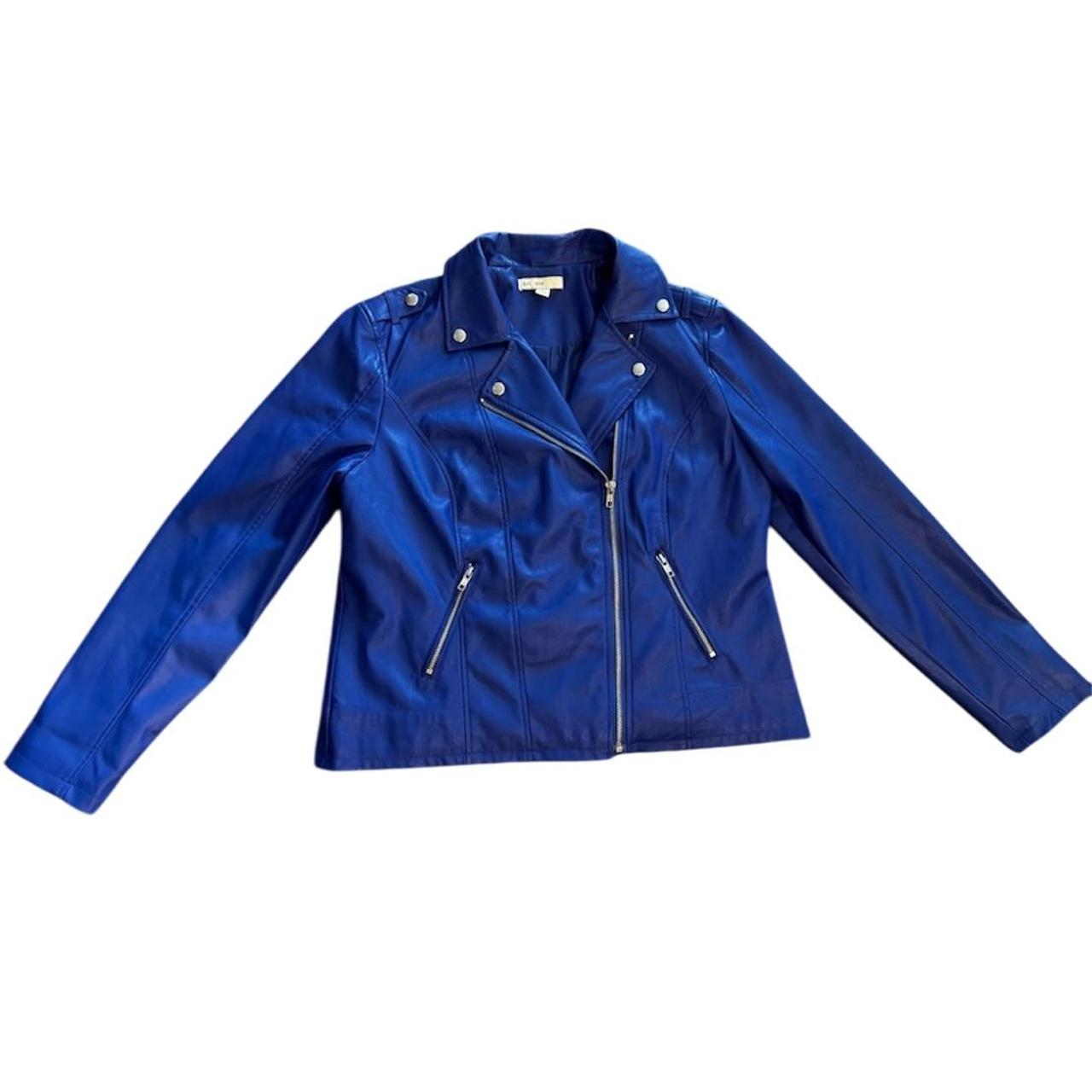 Blue faux leather jacket with silver zippers I just... - Depop