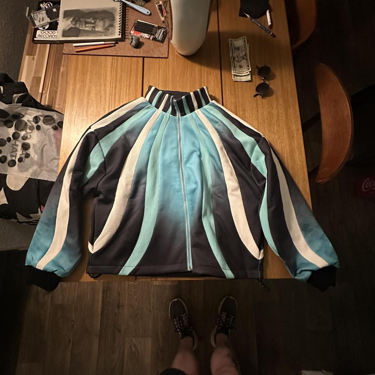 Badson zip up high collar jacket teal white and... | Depop