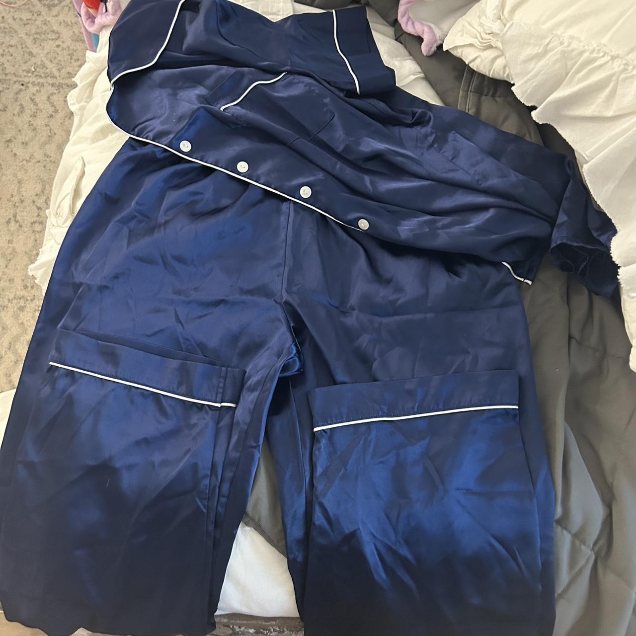 Navy blue satin pajama set, worn once! #loungewear... | Depop