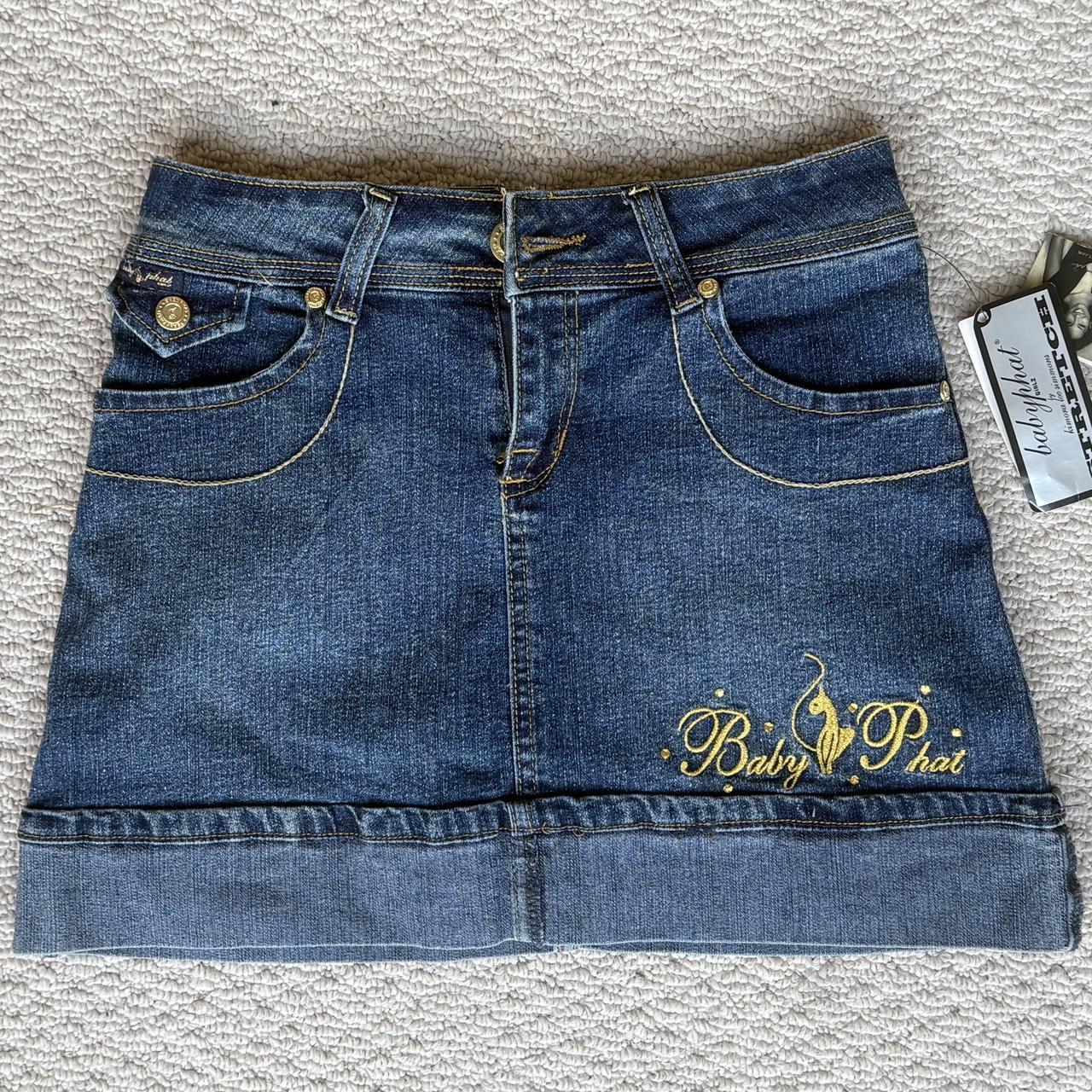 Baby Phat (kids) denim mini skirt with gold logo... | Depop