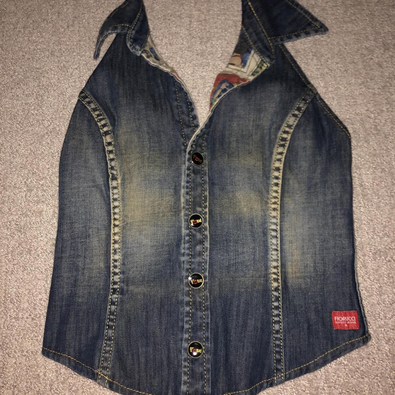 denim backless vest designs on inside fiorucci... - Depop