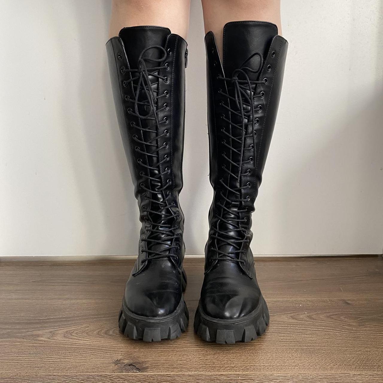 black knee high platform combat boots lace up boots... - Depop