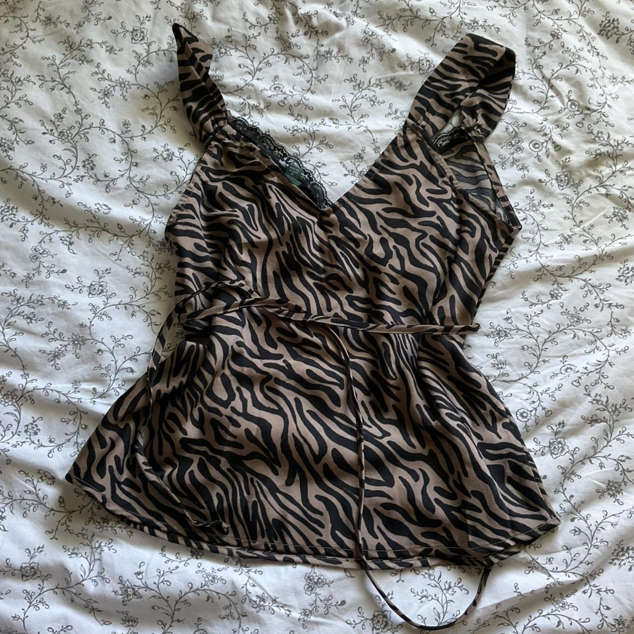 Brown and black zebra print cami top with lace... | Depop