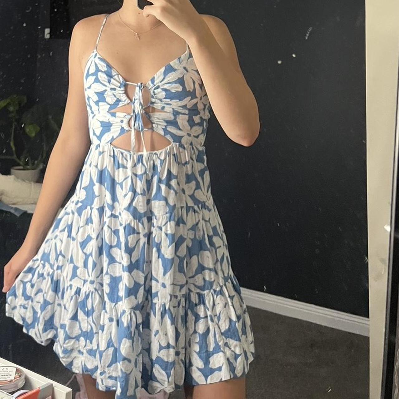 Blue ghanda floral mini dress with cut out front and... | Depop
