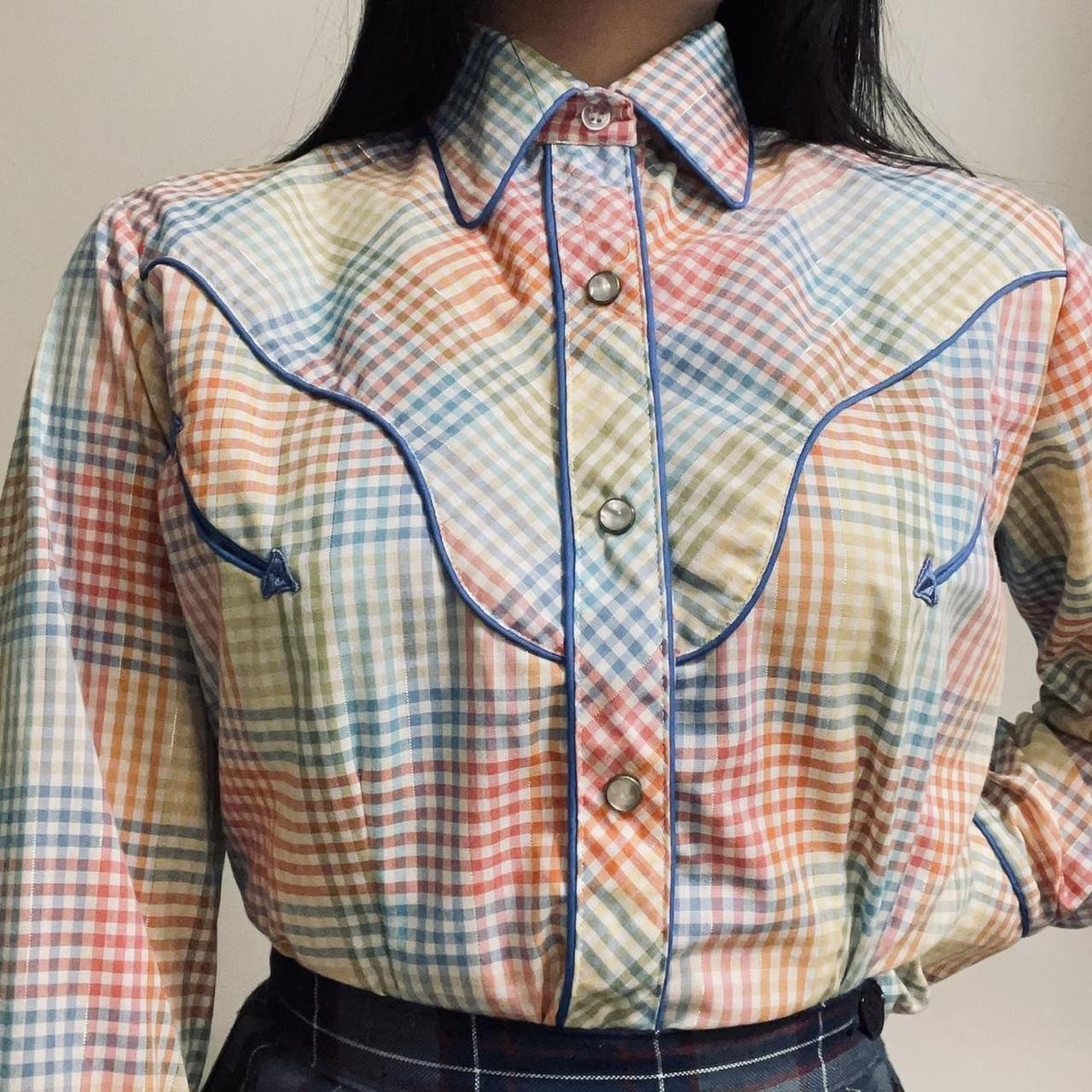 70s rainbow western hippie cowboy snap button shirt... - Depop