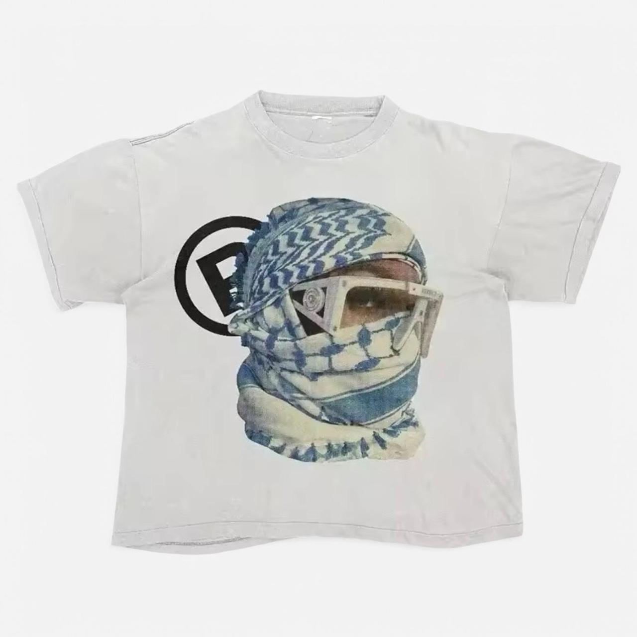 White and blue graphic tee with a streetwear vibe... | Depop