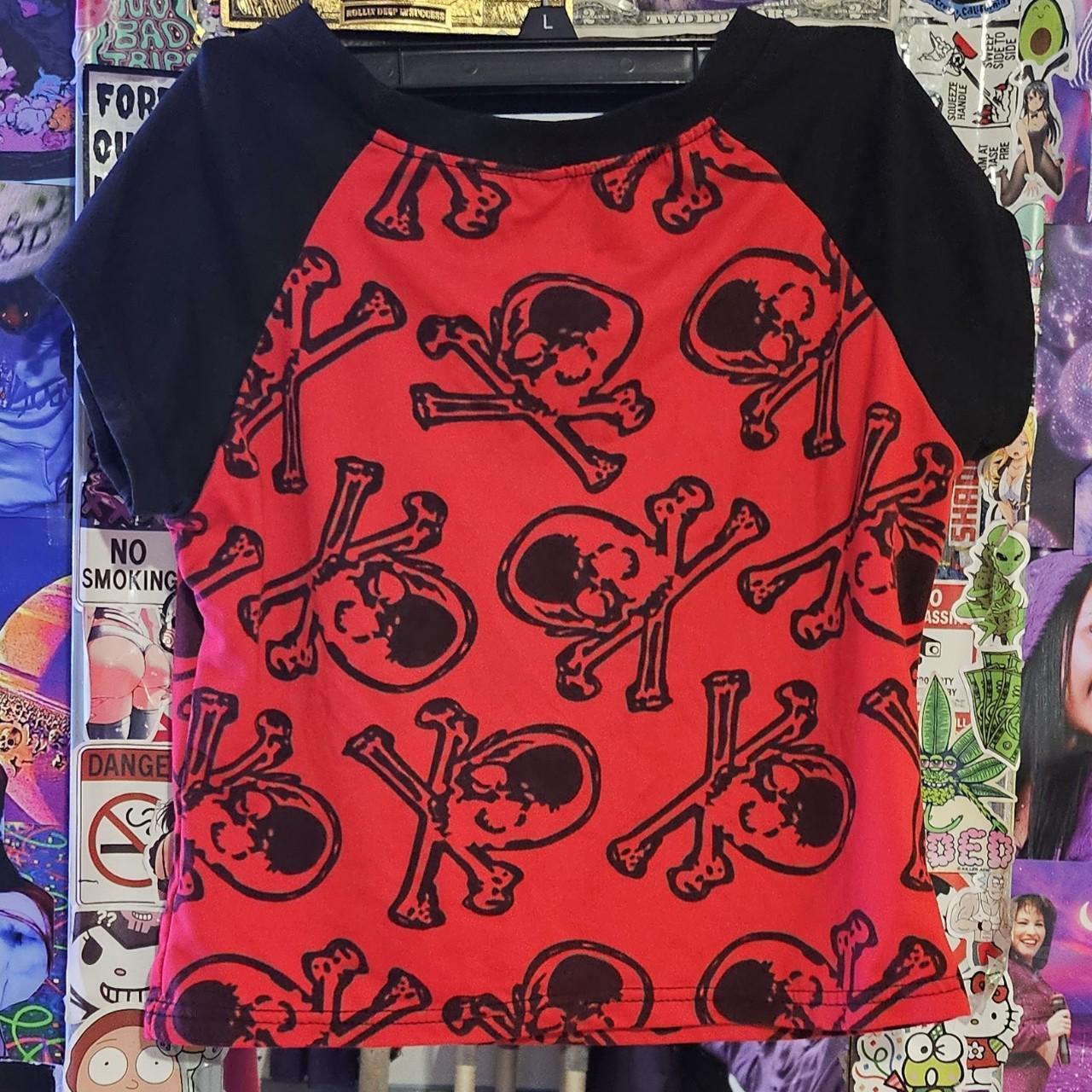 skull crop top red and black baby tee size large... - Depop