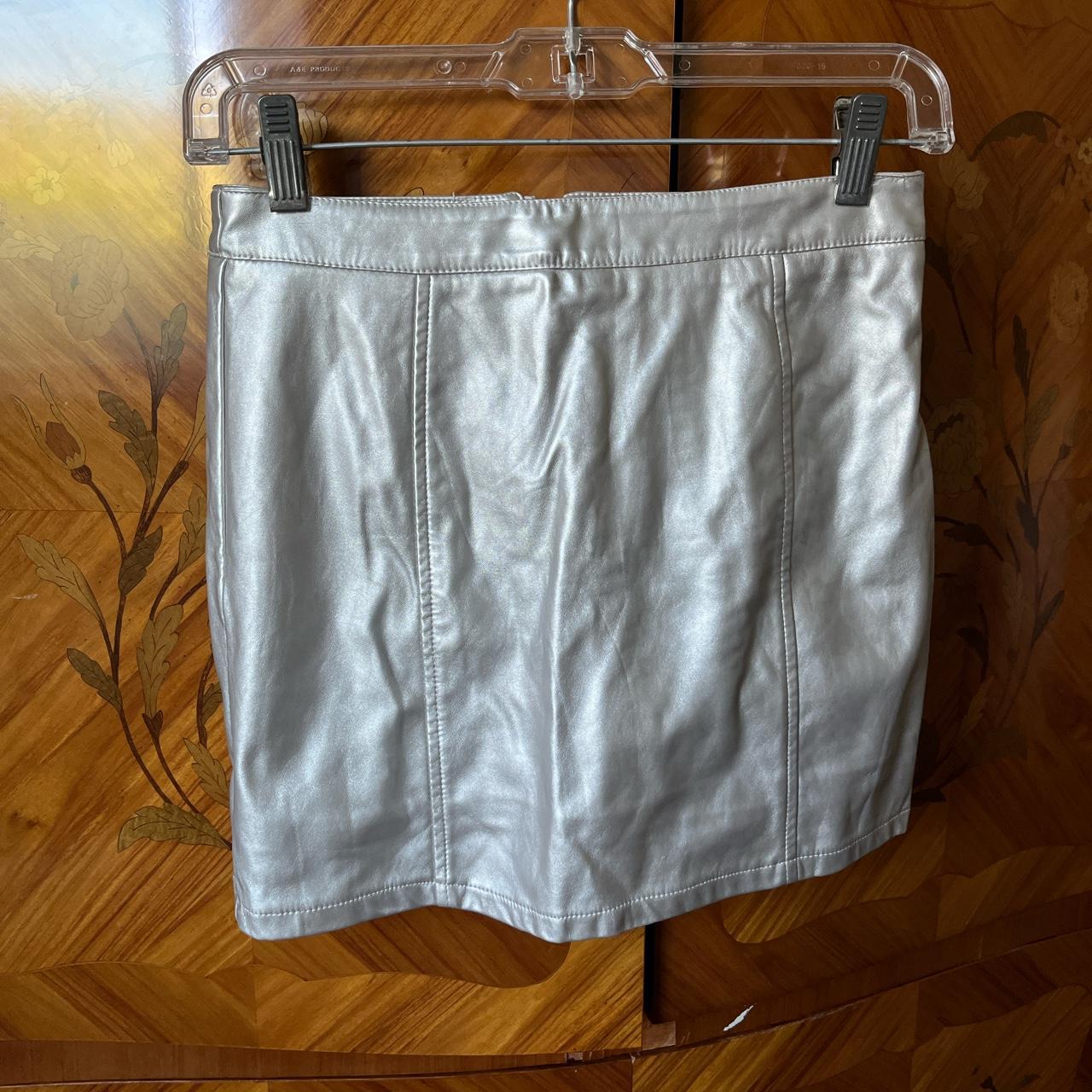 Silver Metallic Vegan Leather Mini Skirt with Zip... - Depop
