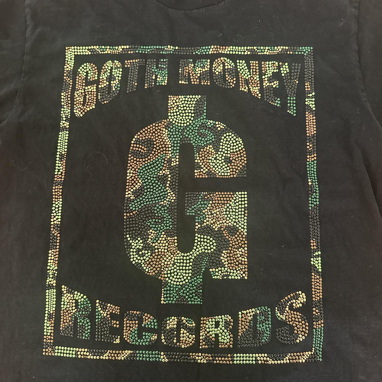 GOTH MONEY RECORDS CAMO STUDDED LOGO TEE - LARGE - Depop