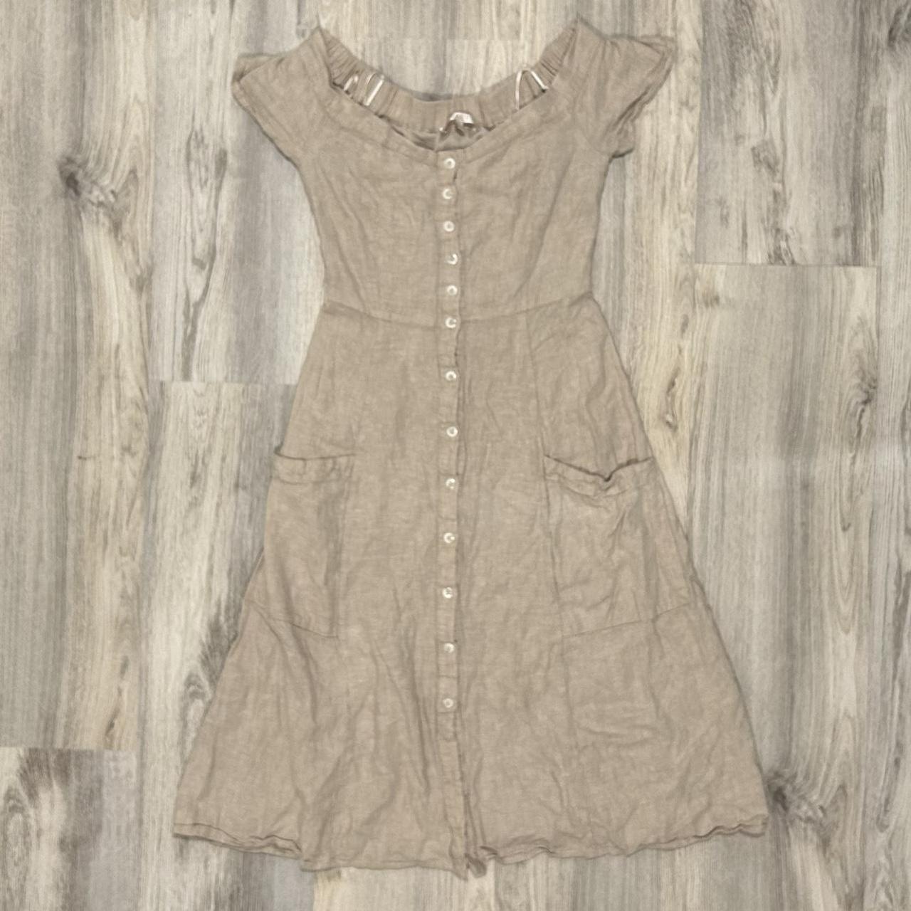 Wayf Perry Linen Blend Midi Dress Beige Off Shoulder... | Depop